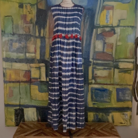 THML | Dresses | Thml Bluewhite Tie Dyed Maxi With Red Tassel Detail ...